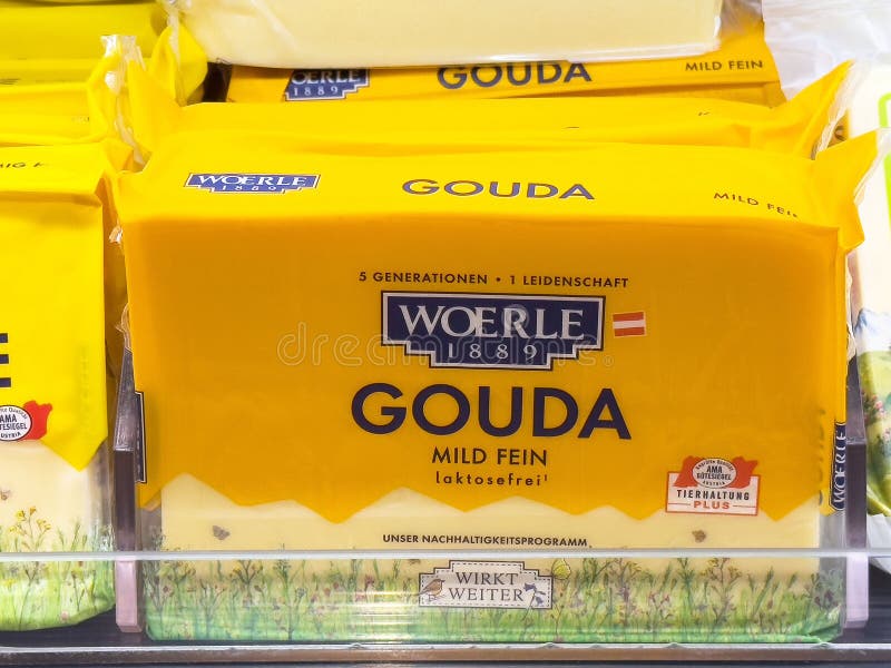 Gouda Cheese Packaging Displayed in Grocery Store Dairy Aisle Editorial ...