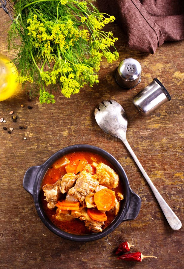 Goulash, Beef Stew in Cast Iron Pan, Top View, Close Up Stock Image ...
