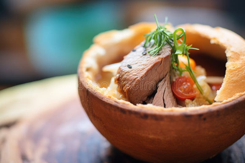 Goulash in Bread Bowl with a Bite Taken, Close-up of Texture Stock ...