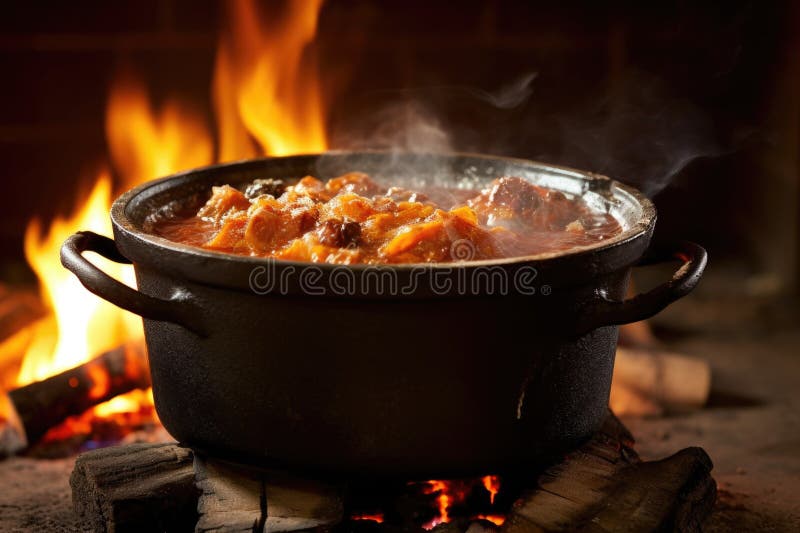 Goulash Bubbling in a Cast Iron Pot Over Open Flames Stock Illustration ...