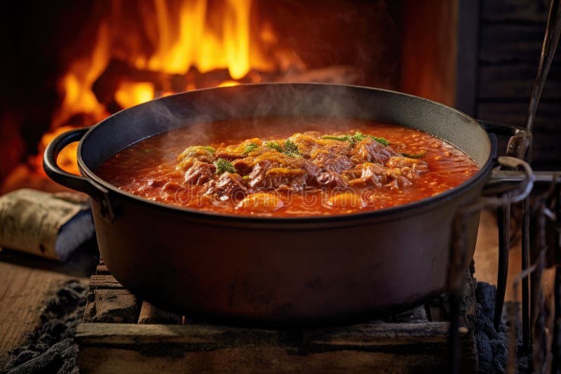 Goulash Bubbling in a Cast Iron Pot Over Open Flames Stock Illustration ...