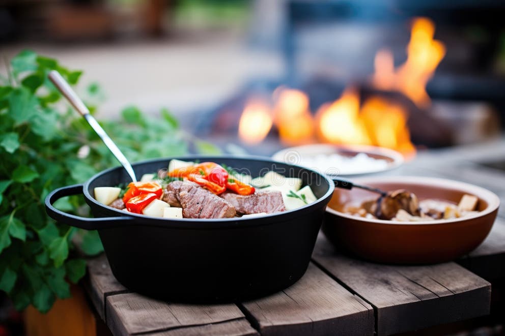 Goulash in Iron Pot, Wooden Ladle, Fire Pit Behind Stock Photo - Image ...