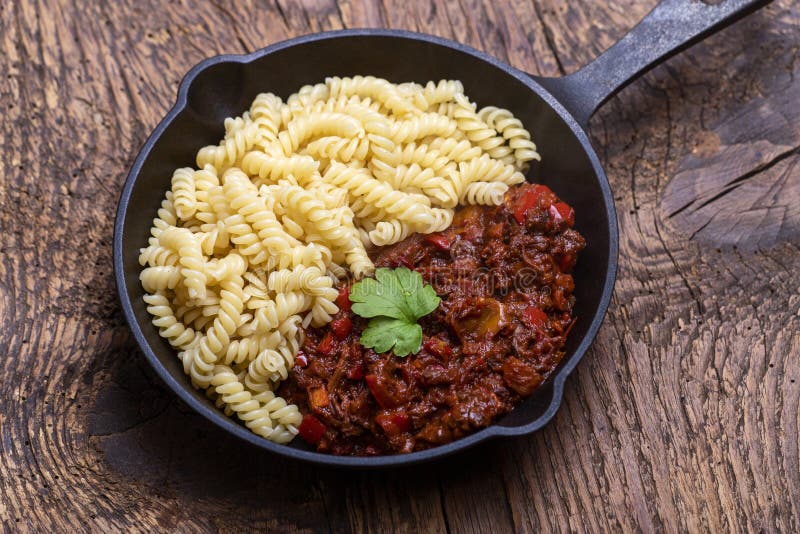 Goulash with Spirelli Pasta Stock Image - Image of meal, background ...