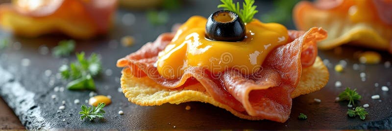 Gourmet Appetizer with Cheese, Ham, and Black Olive on a Potato Chip ...