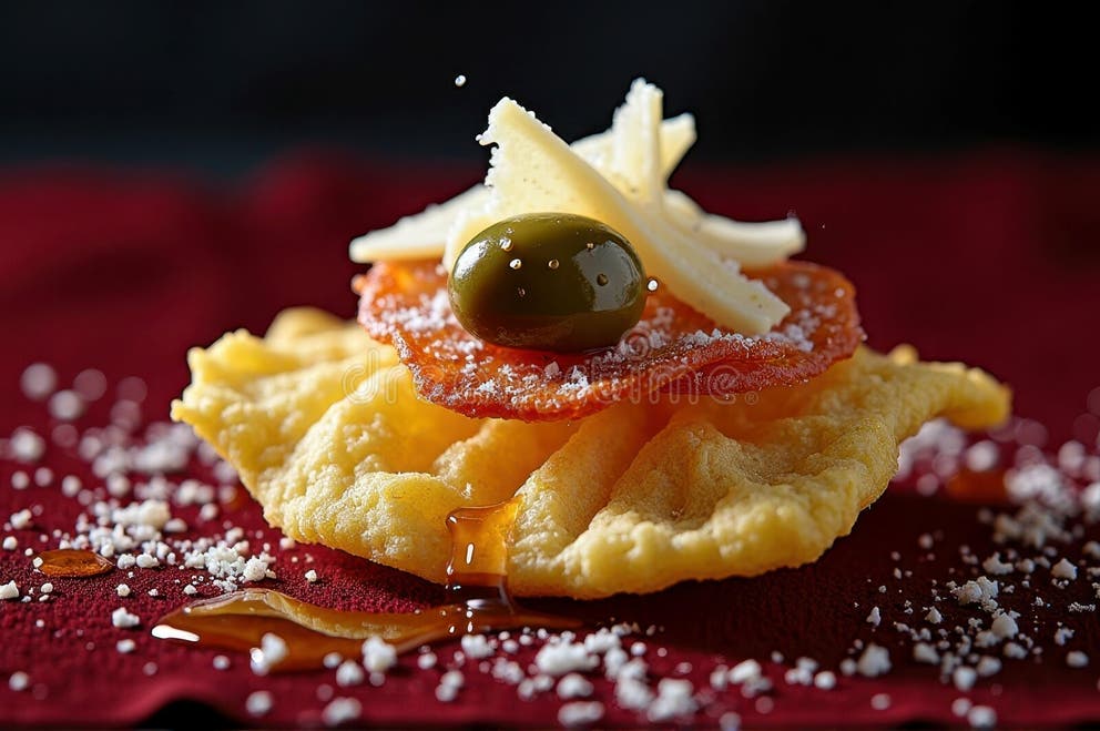 Gourmet Appetizer with Cheese, Olive, and Tomato on Crispy Base Stock ...