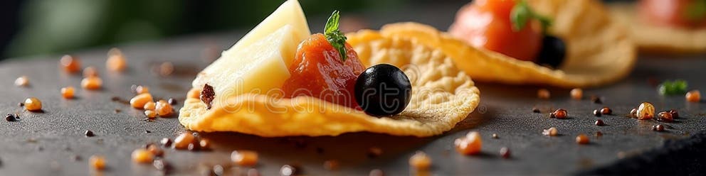 Gourmet Appetizer with Cheese, Tomato, and Black Olive on Crispy ...