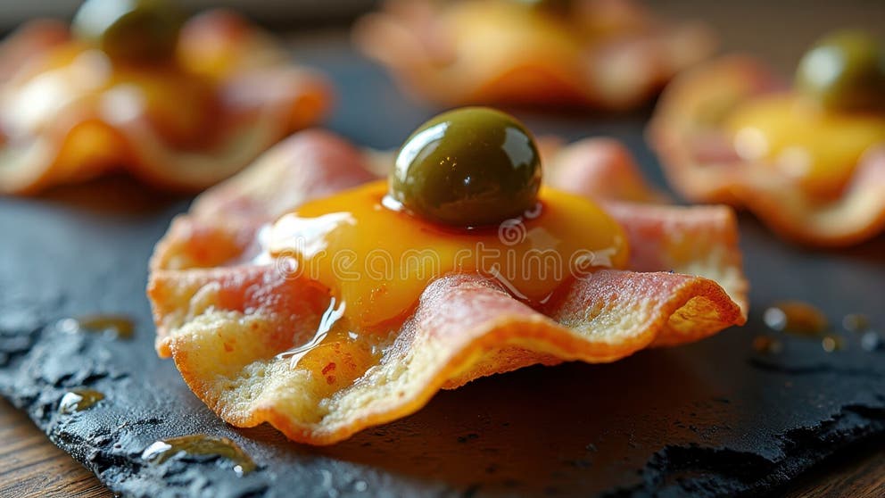 Gourmet Appetizer with Crisp Bacon, Sunny-side Egg, and Olive Stock ...