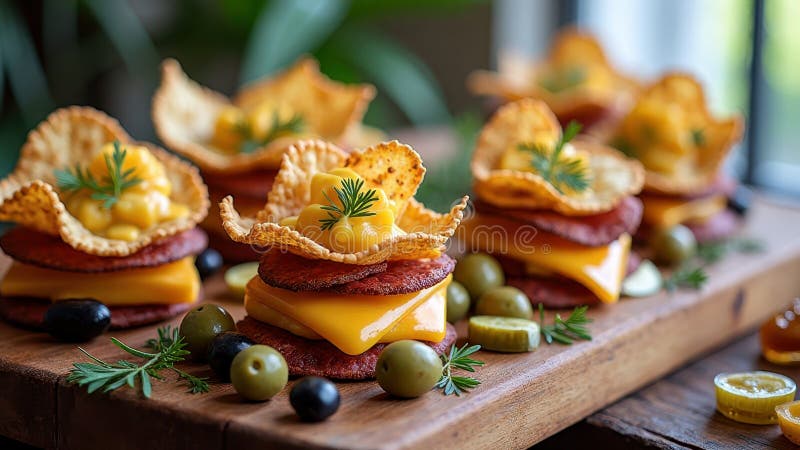 Gourmet Appetizer Stack with Crackers, Cheese, and Olives on Wooden ...