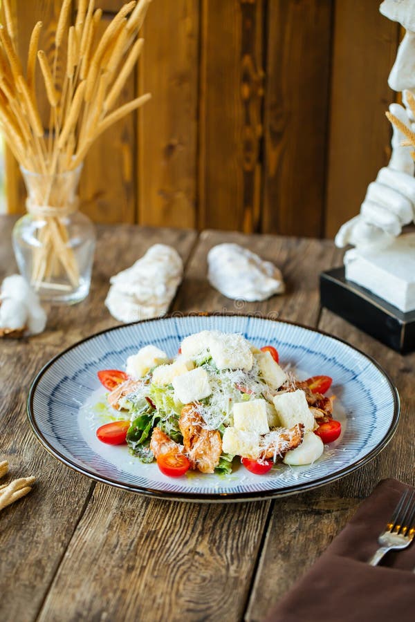 Gourmet Appetizing Caesar Salad with Fried Chicken Stock Photo - Image ...