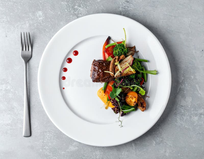 Gourmet Beef Dish with Roasted Vegetables Stock Image - Image of dish ...