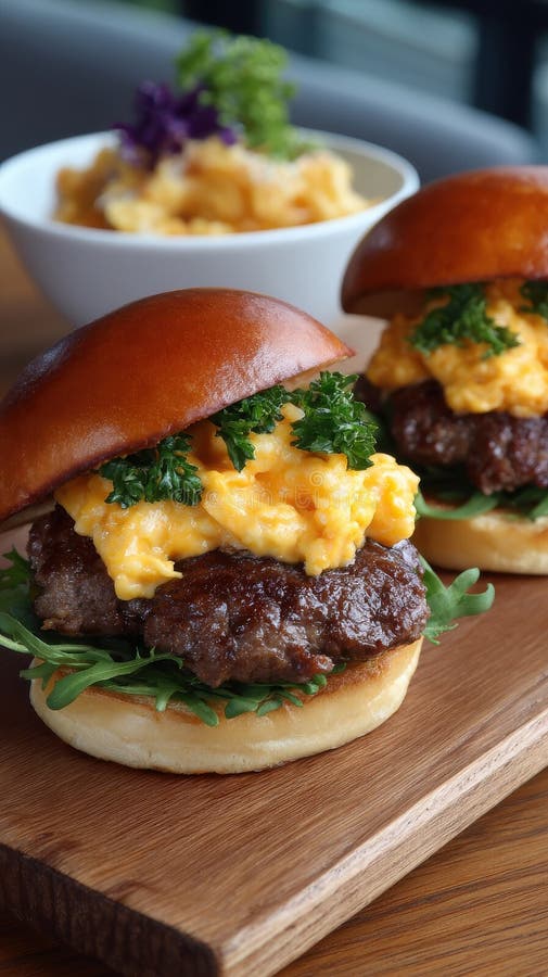 Gourmet Beef Sliders with Scrambled Eggs on a Wooden Board Brunch ...
