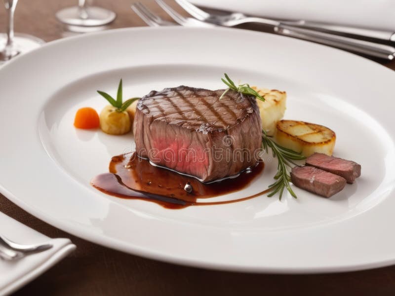 Gourmet Beef Steak with Elegant Garnish in Fine Dining Setting Stock ...