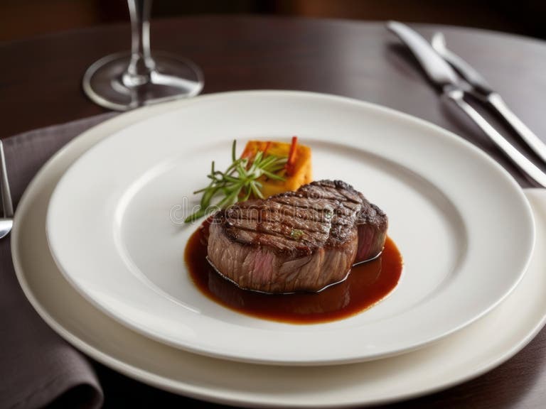 Gourmet Beef Steak with Elegant Garnish in Fine Dining Setting Stock ...
