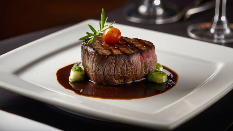 Gourmet Beef Steak with Elegant Garnish in Fine Dining Setting Stock ...