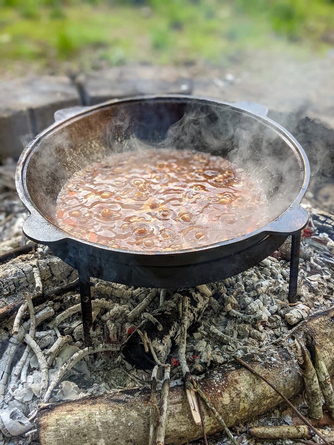 Gourmet Beef Stew Cooked in Cauldron on Outdoor Fire Pit Stock Photo ...