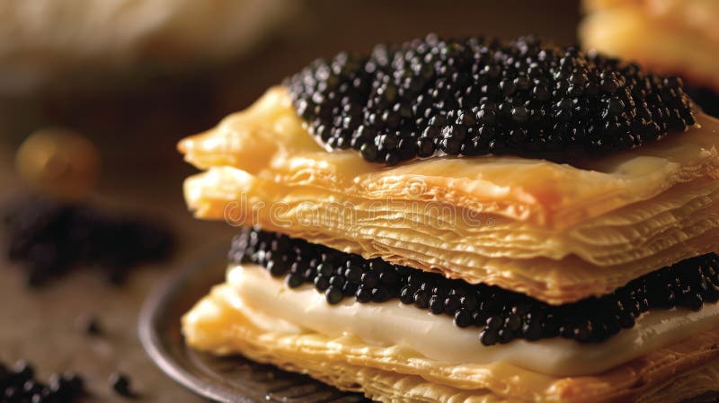 Gourmet Black Caviar on Flaky Puff Pastry Appetizer Stock Image - Image ...