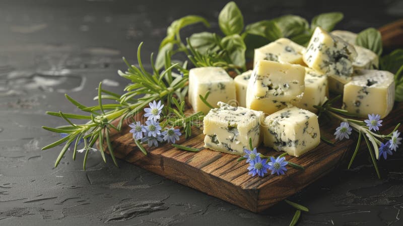 Gourmet Blue Cheese Blocks with Fresh Herbs on Wooden Board Stock Image ...