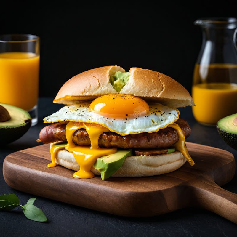 Gourmet Breakfast Burger with Egg and Avocado on Rustic Board Stock ...