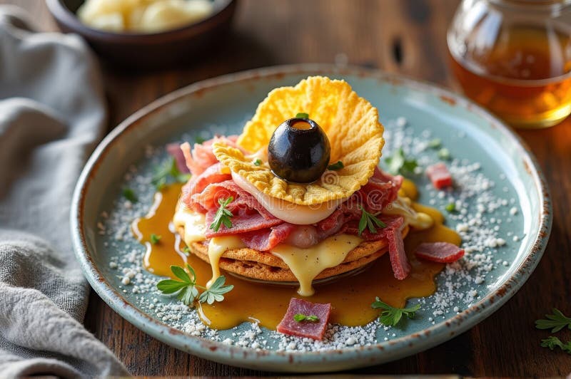 Gourmet Breakfast Pancake with Ham, Cheese, Olive, and Herb Garnish on ...