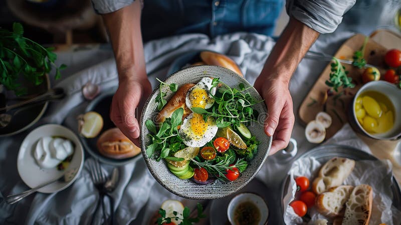 Gourmet Breakfast Plate with Fresh Greens and Poached Egg Stock Photo ...
