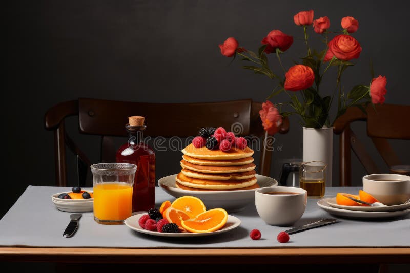 Gourmet Breakfast Spread with Pancakes and Fresh Fruit Stock ...