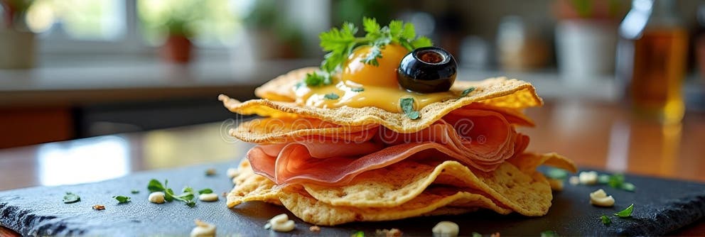 Gourmet Breakfast Stack with Ham, Egg, and Black Olive Garnish on Slate ...