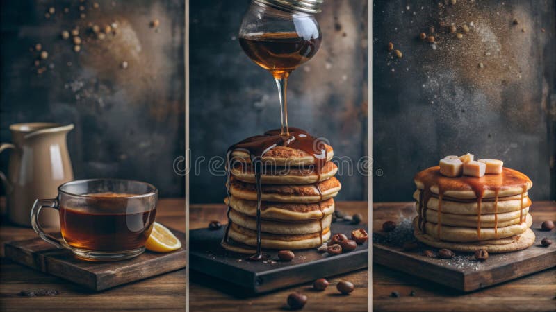 Gourmet Breakfast: Stacked Pancakes with Syrup and Tea on Rustic Table ...