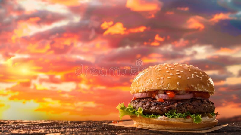 Gourmet Burger Against Vibrant Sunset Sky Backdrop Stock Image - Image ...