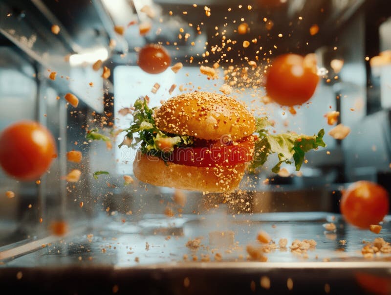 Gourmet Burger Exploding in Kitchen Stock Image - Image of kitchen ...