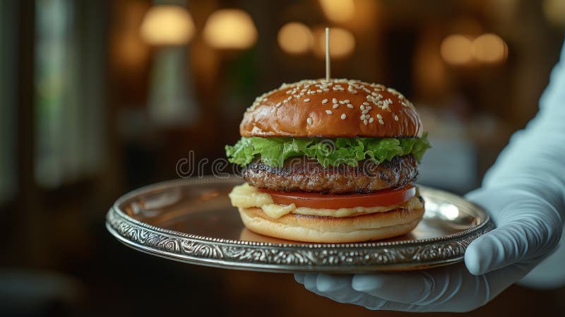 Gourmet Burger Served on a Silver Platter in an Elegant Dining Setting ...