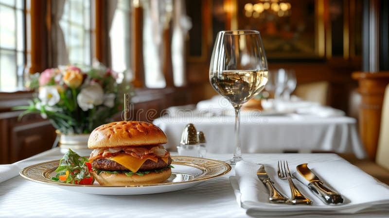 A Gourmet Burger Sits on a Fine Dining Table in an Elegantly Designed ...