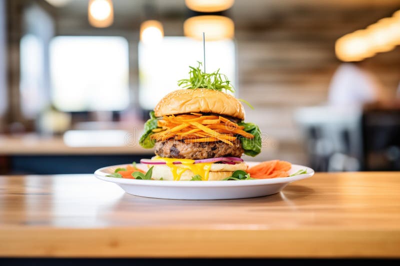 Gourmet Burger Stack with Fries on Plate Stock Photo - Image of gourmet ...