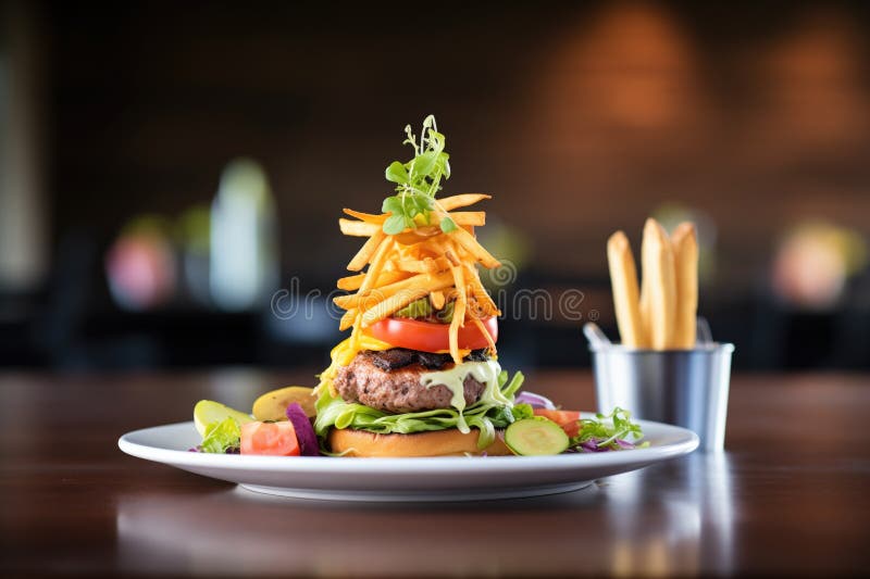 Gourmet Burger Stack with Fries on Plate Stock Photo - Image of fries ...