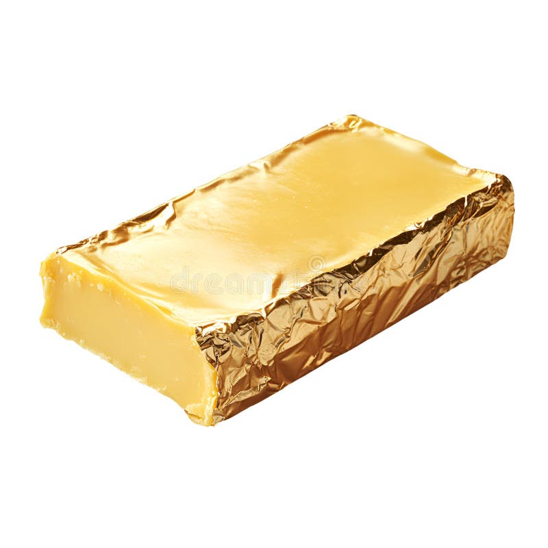 A Block of Butter Wrapped in Gold Foil on a White Background in a ...