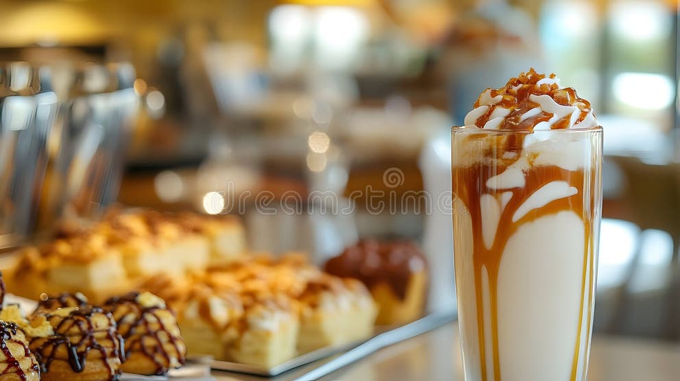Gourmet Caramel Milkshake with Assorted Pastries in Café Setting Stock ...