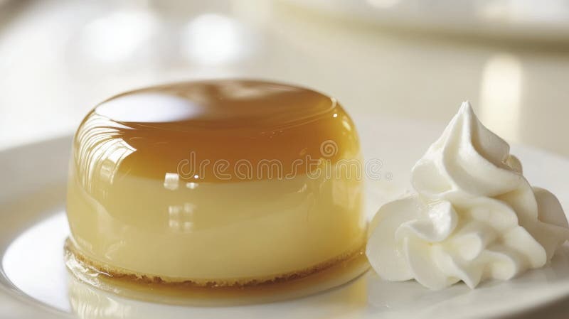 Gourmet Caramel Pudding with Whipped Cream on Elegant White Plate Stock ...