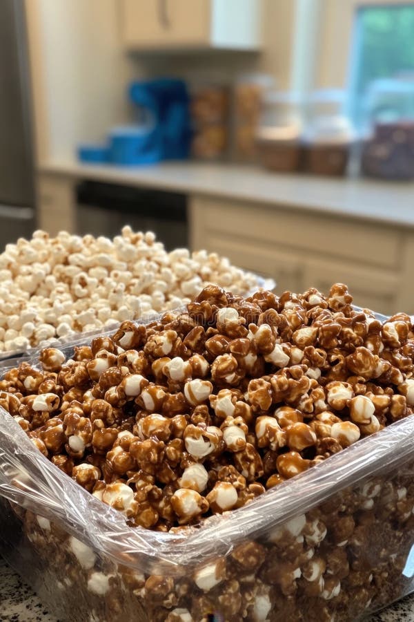 Gourmet Caramel and White Popcorn in Kitchen Setting for Snack and ...