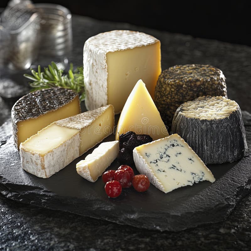 Gourmet Cheese Board Featuring Unique Cheeses and Fresh Garnishes Stock ...