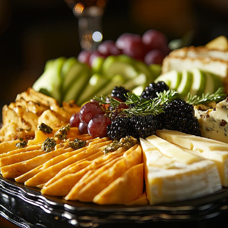 Gourmet Cheese Board Featuring Unique Cheeses, Fruits, and Herbs Stock ...