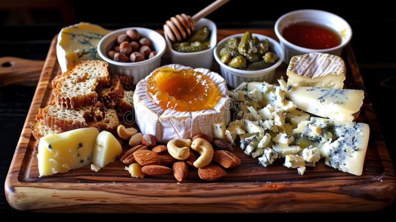 Gourmet Cheese Board Spread with Nuts, Honey, and Bread Stock Image ...
