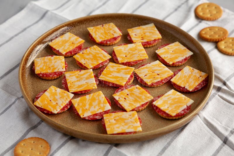 Gourmet Cheese Meat and Crackers on a Plate, Side View Stock Photo ...