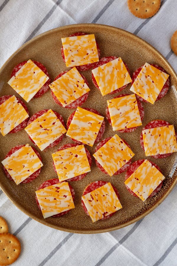 Gourmet Cheese Meat and Crackers on a Plate, Top View. Close-up Stock ...