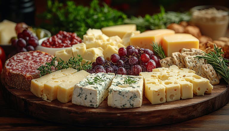 Gourmet Cheese Plate with Bread, Fruit, and Wine Generated by AI Stock ...