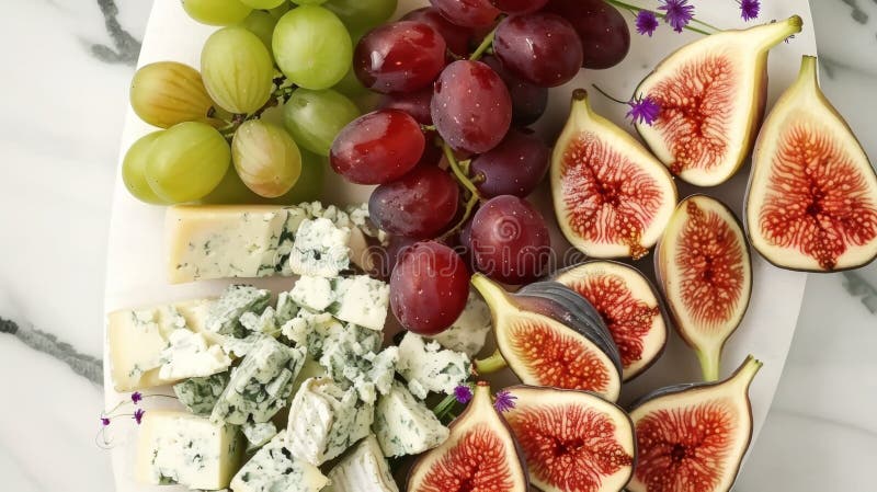 Gourmet Cheese Platter with Fresh Figs and Grapes on Marble Background ...