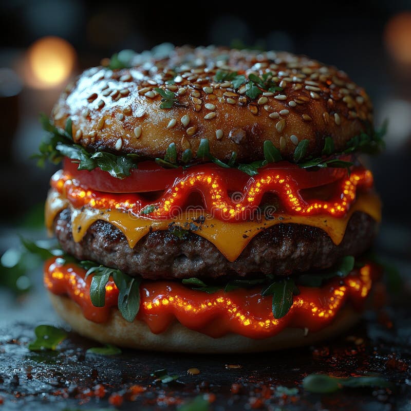 Gourmet Cheeseburger with Glowing Cheese and Ketchup Patterns Stock ...