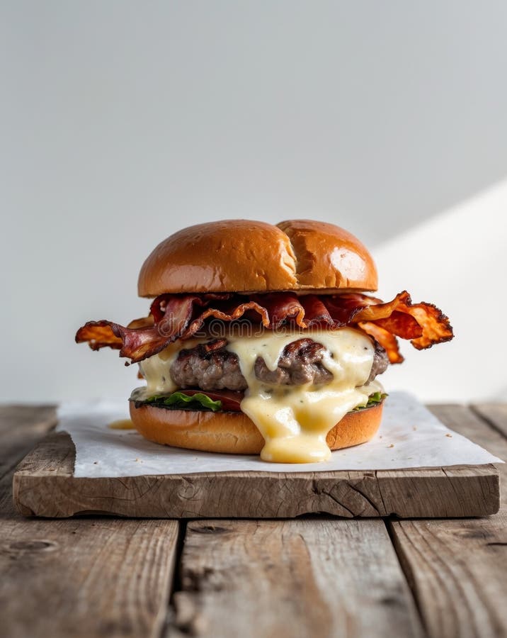 Gourmet Cheeseburger with Melted Cheese and Crispy Bacon on Wooden ...