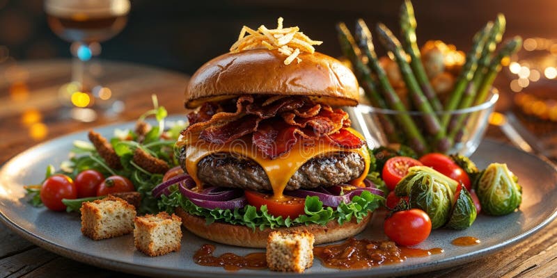 Gourmet Cheeseburger Plate with Salad and Roasted Vegetables. Stock ...