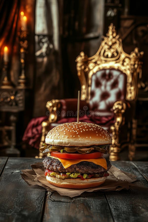 Gourmet Cheeseburger on Rustic Table with Ornate Throne in Background ...