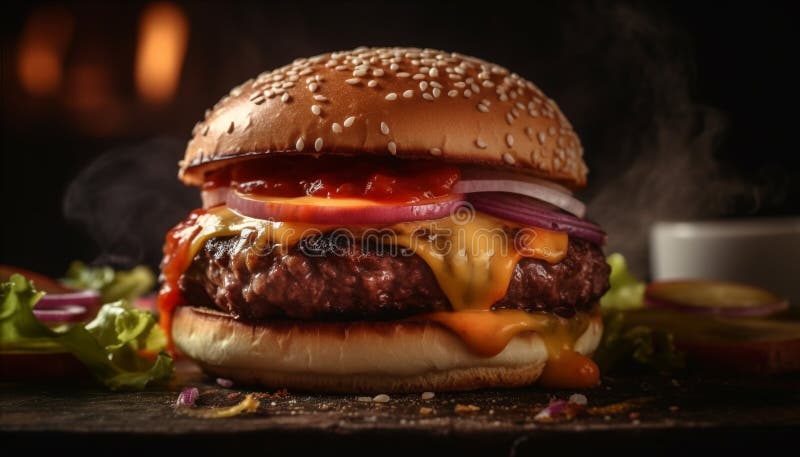 Gourmet Cheeseburger on Rustic Table, Ready To Eat Generated by AI ...
