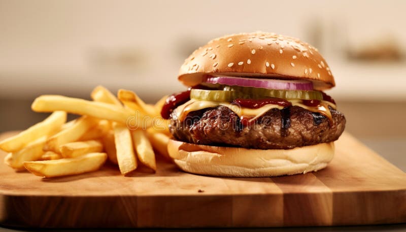 Gourmet Cheeseburger on Wooden Table, Ready To Eat, Rustic Freshness ...